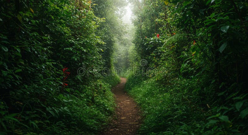 Lush Green Forest Path Sunlight Tropical Jungle Stock Illustration ...