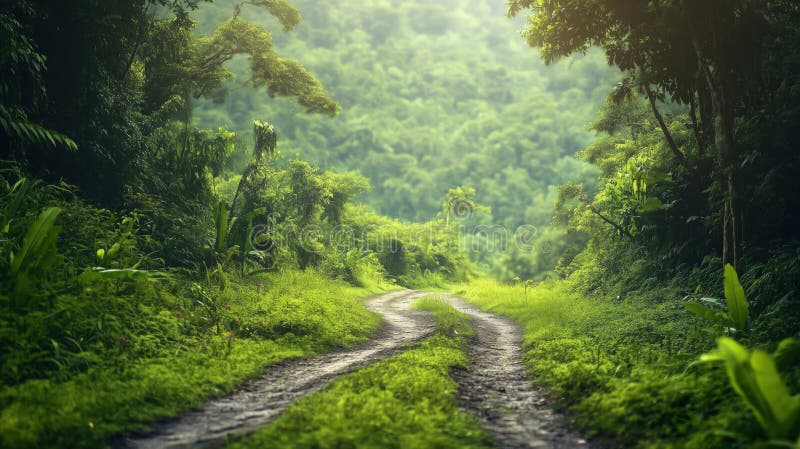 Lush Green Forest Path Winding through Dense Vegetation Stock Photo ...