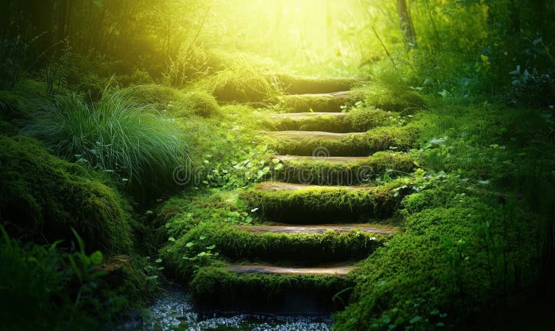 Lush Green Forest Pathway with Moss-Covered Steps Leading into Sunlit ...