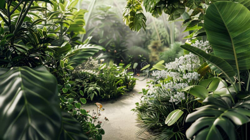 Lush Green Forest Pathway Surrounded by Exotic Flora Stock Image ...