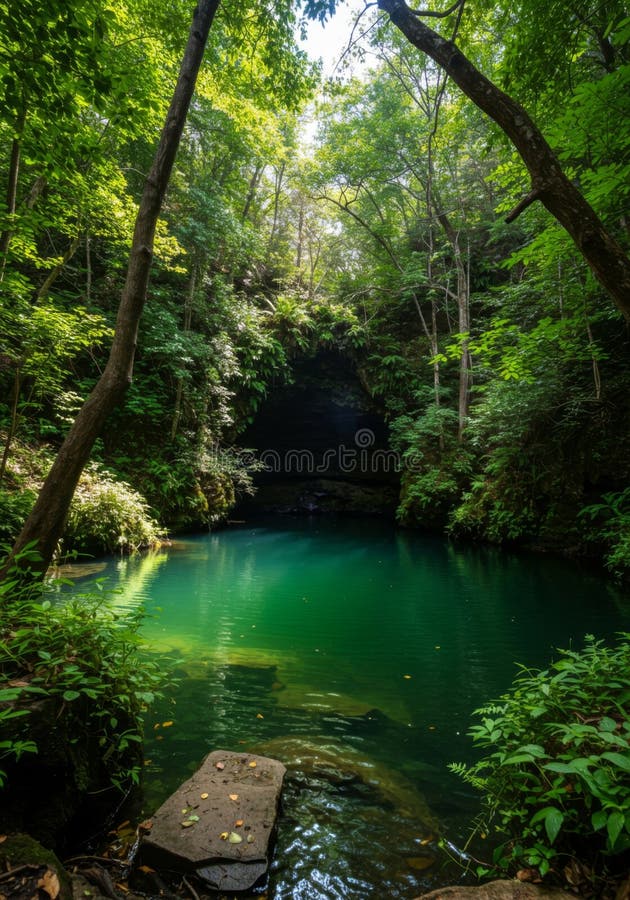 Lush Green Forest Pool Sunlight Dappled Tranquil Scene Stock ...
