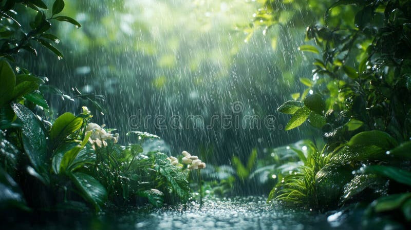 Lush Green Forest Rain Shower Scene Stock Illustration - Illustration ...