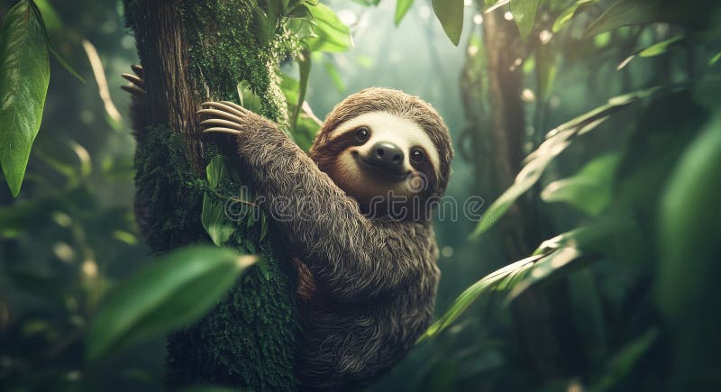 In a Lush Green Forest, a Smiling Sloth is Seen Hugging a Tree Branch ...