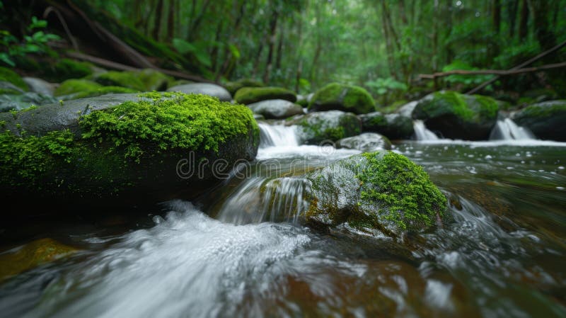 Lush Green Forest Stream with Mossy Rocks Stock Illustration ...