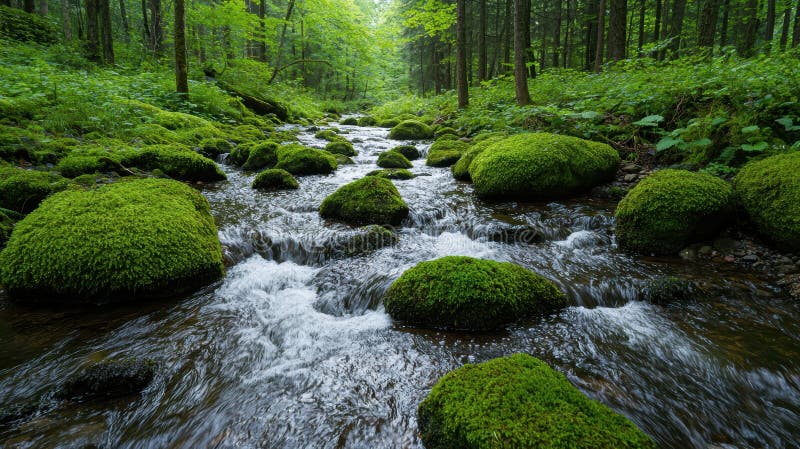Lush Green Forest Stream with Mossy Rocks Stock Illustration ...