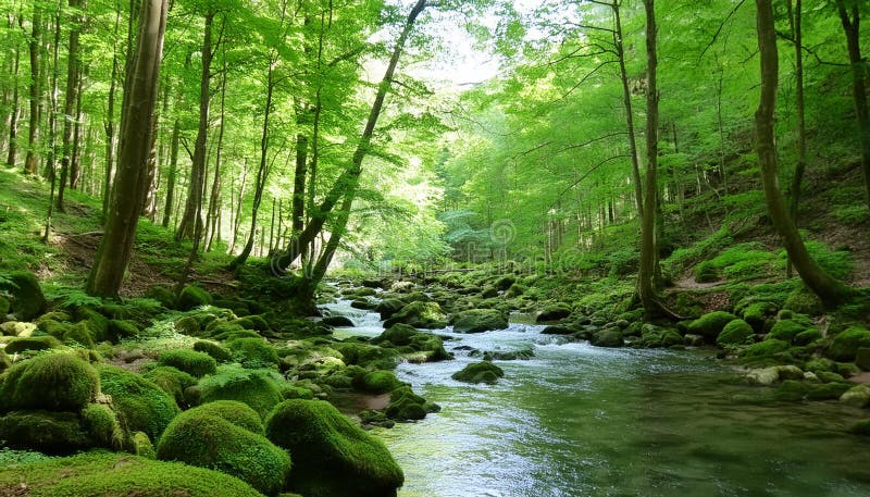 A Lush Green Forest with a Stream Running through it Stock Illustration ...