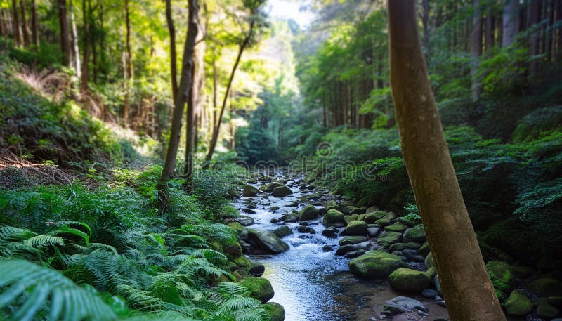 A Lush Green Forest with a Stream Running through it Stock Illustration ...