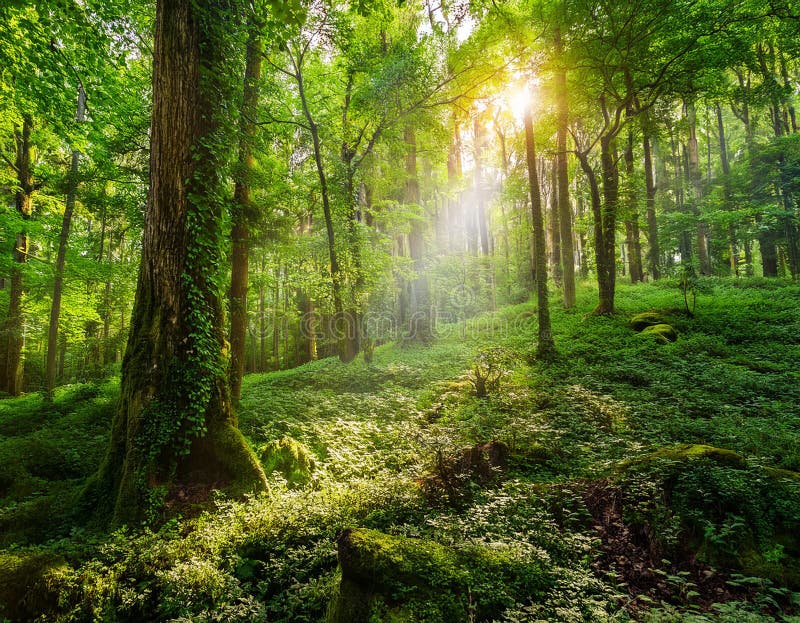 A Lush Green Forest with Sunlight Filtering through the Trees Stock ...