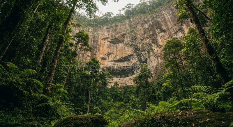 Lush Green Forest with Tall Cliff Face Stock Illustration ...