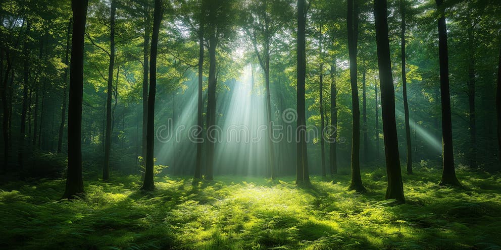 A Lush Green Forest with Tall Trees, Rays of Sunlight Filter through ...