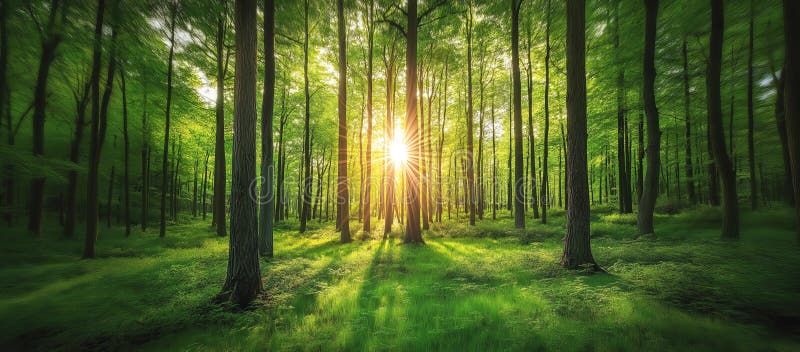 A Lush Green Forest with Tall Trees, Rays of Sunlight Filter through ...