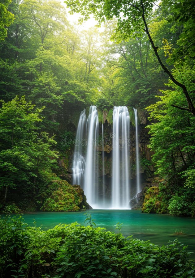 Lush Green Forest Waterfall Cascade Stock Illustration - Illustration ...
