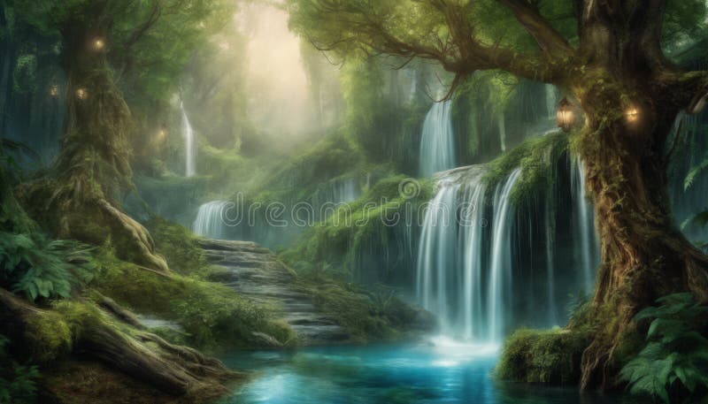 A Lush Green Forest with a Waterfall and a Path Leading To it Stock ...