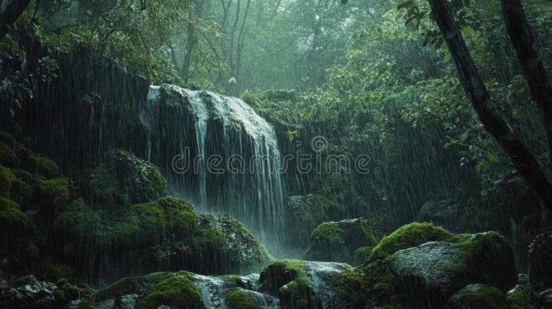 Lush Green Forest Waterfall in Rain Stock Illustration - Illustration ...
