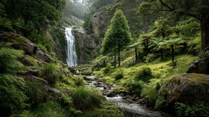A Lush Green Forest with a Waterfall and a Stream. Generative AI Stock ...