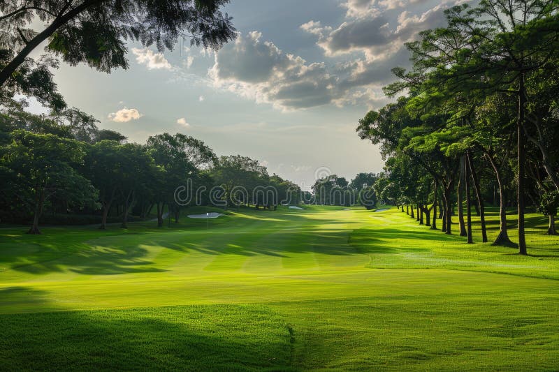 Lush Green Golf Course Surrounded by Tall Trees and Fluffy Clouds ...
