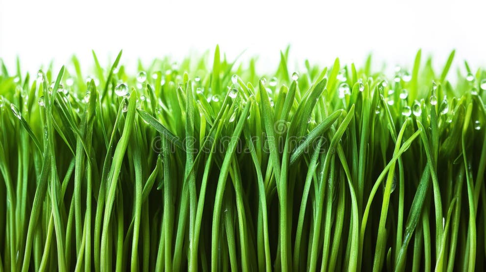 Lush Green Grass Blades Covered in Dew Drops on a White Background in ...