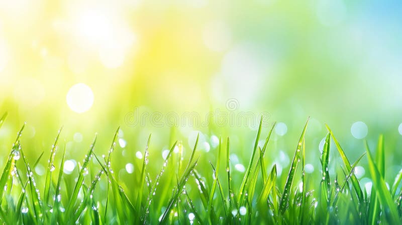 Lush Green Grass Blades with Dew Drops Illuminated by Sunlight Creating ...