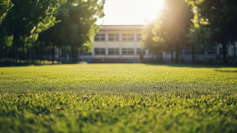 Lush Green Grass Field with Sunlight and School Building Stock Photo ...