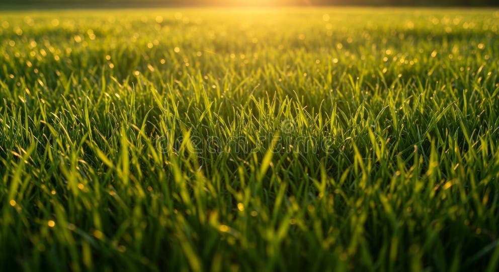 Lush Green Grass Field at Sunset Stock Illustration - Illustration of ...