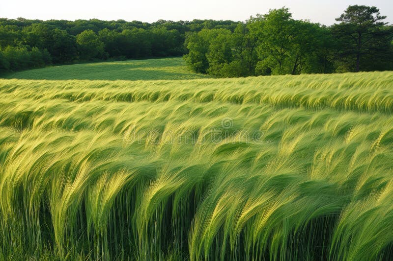 Lush Green Grass Field Surrounded by Trees Under a Clear Sky. Stock ...