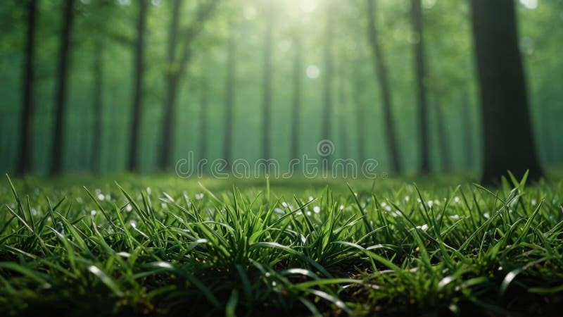 Lush Green Grass Glistens Under Soft Sunlight, Framed by Trees in a ...