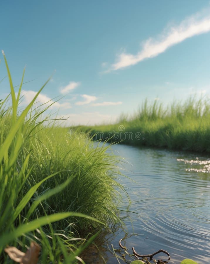 Lush Green Grass Growing Along Tranquil Riverbank Under Blue Sky Stock ...