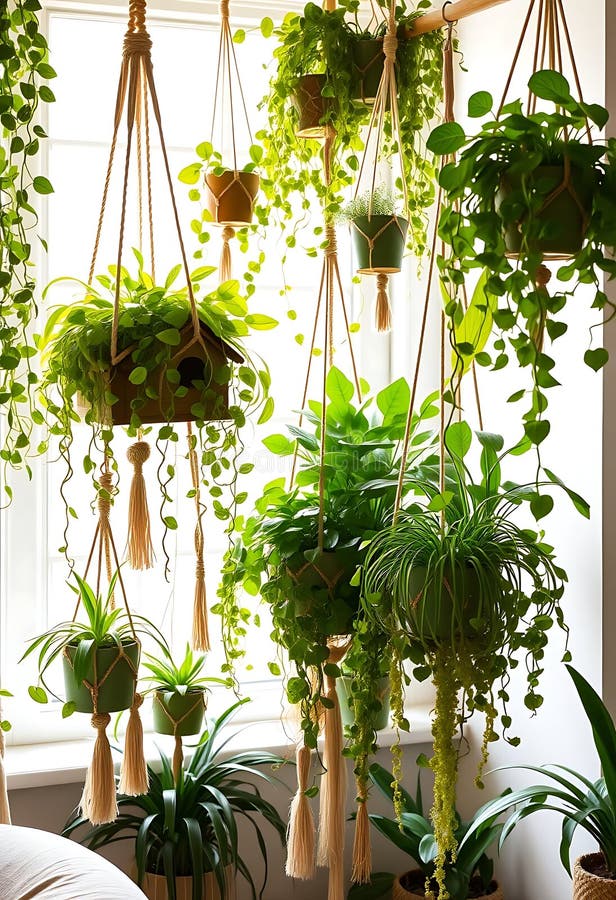 Lush Green Hanging Plants: a Bohemian Macrame Window Display Stock ...