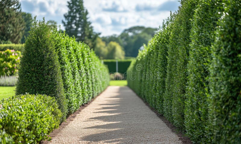 Lush Green Hedge Pathway in Beautiful Garden with Scenic Background ...
