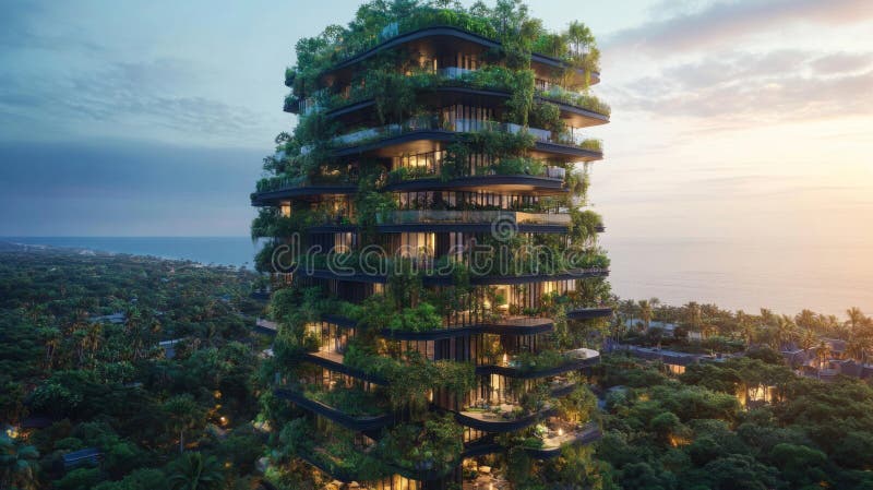 Lush Green High Rise Tower at Sunset Stock Illustration - Illustration ...