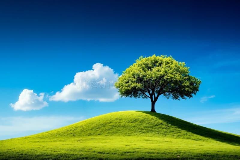 Lone Tree Standing Green Hill Under Bright Blue Sky Stock Photos - Free ...