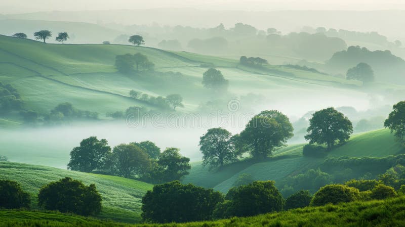 Lush Green Hills Covered in Mist for Serene Landscape Views Stock ...