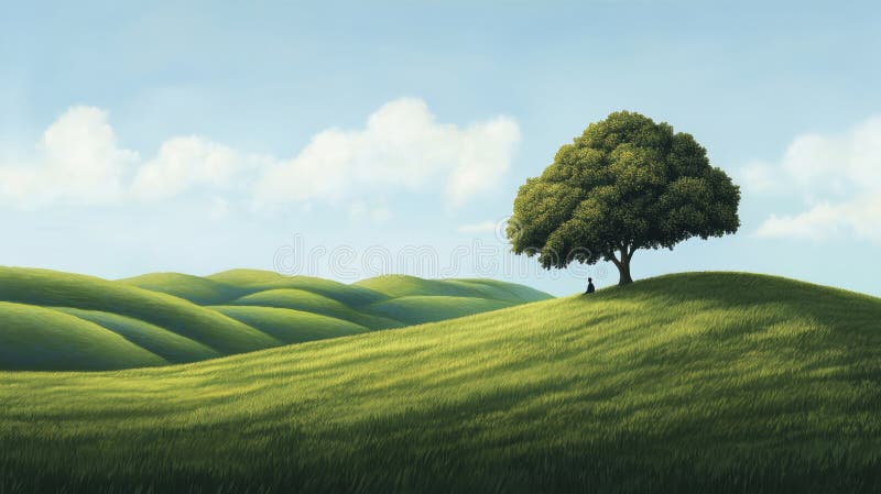 Lush Green Hills with Solitary Tree and Figure Stock Image - Image of ...