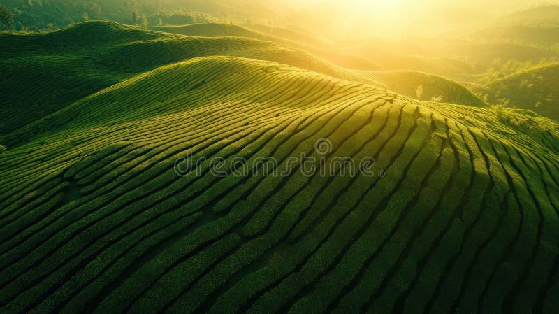 Lush Green Hills with Terraced Patterns at Sunset Stock Illustration ...
