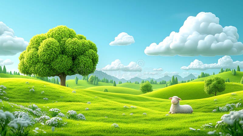 Lush Green Hills with a Tree and a Sheep Under a Bright Blue Sky Stock ...