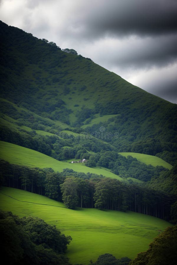 A Lush Green Hillside Covered in Trees Under a Cloudy Sky. Generative ...