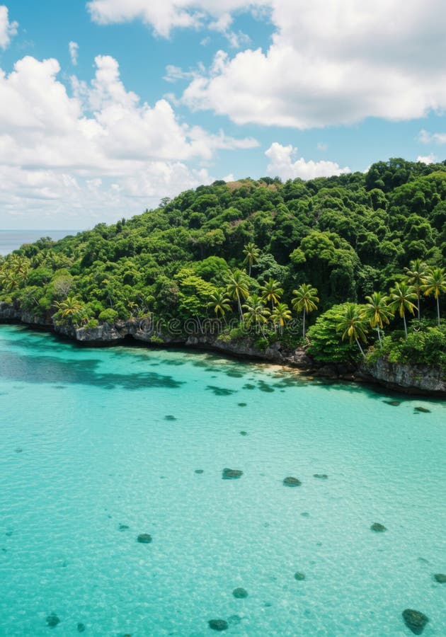Lush Green Island Coastline with Turquoise Water Stock Illustration ...