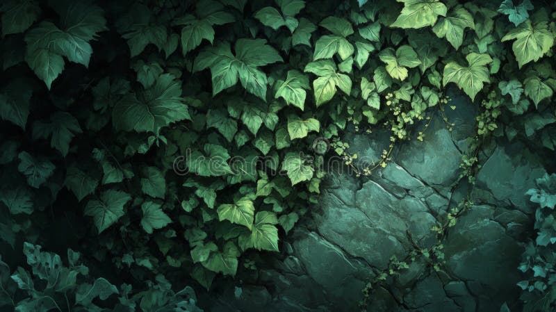Lush Green Ivy Covering Dark Stone Wall Stock Illustration ...