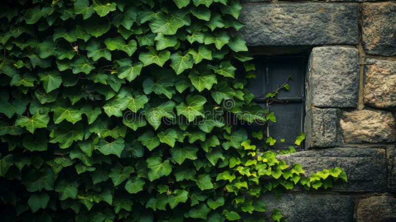Lush Green Ivy Covering a Stone Wall with a Small Window Stock ...