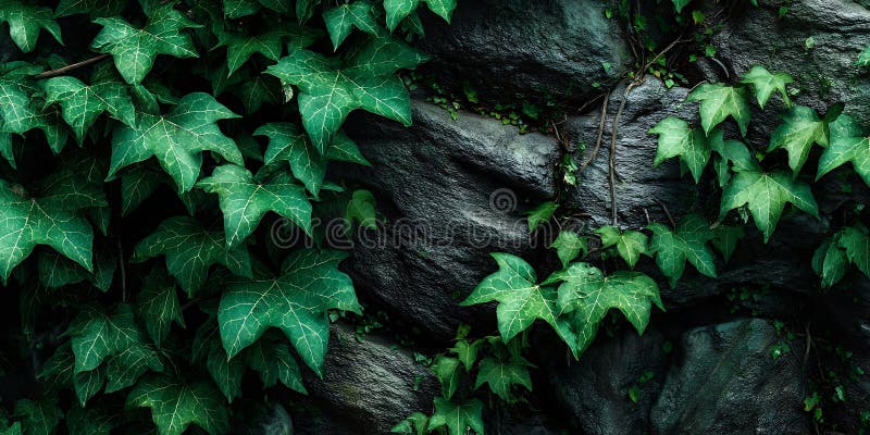 Lush Green Ivy Growing on Dark Stone Wall Nature Texture Background ...