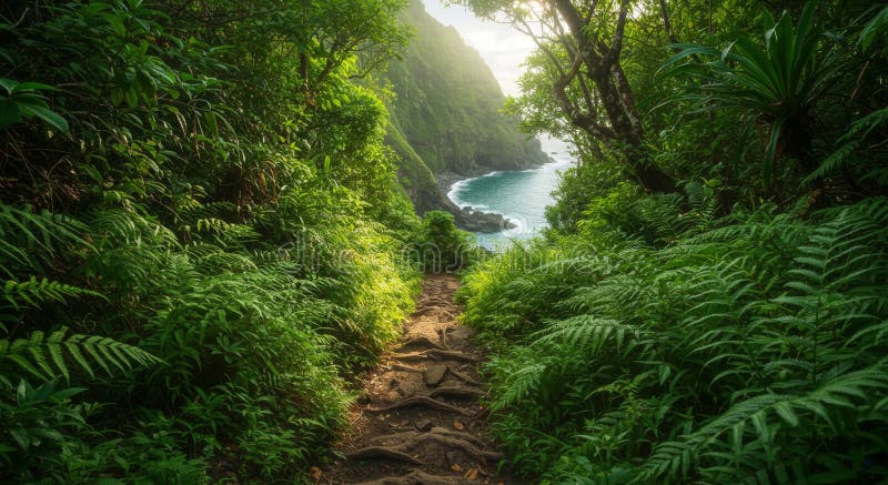 Lush Green Jungle Path Leading To Ocean View Stock Illustration ...