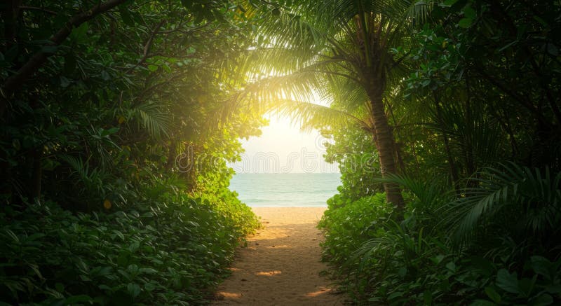 Lush Green Jungle Path Leading To a Sunny Beach Stock Illustration ...