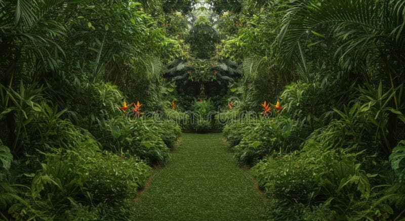 Lush Green Jungle Path with Orange Flowers Stock Illustration ...