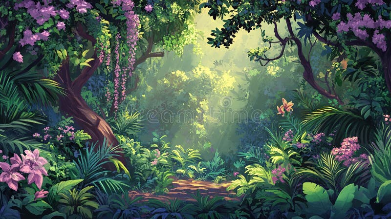 Lush Green Jungle Path with Vibrant Flowers and Sunlight Stock Photo ...