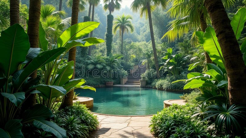 A Lush Green Jungle with a Pool in the Middle Stock Illustration ...