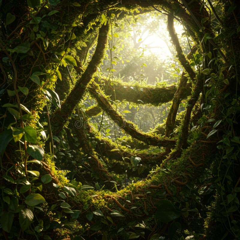 Lush Green Jungle with Sunlight Streaming through Intertwined Vines ...