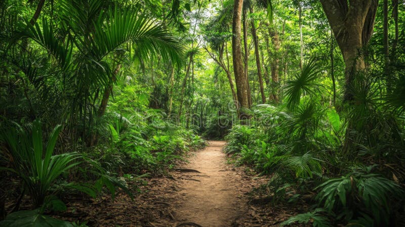 Lush Green Jungle Trail with Sunlight Dappled Path Stock Illustration ...