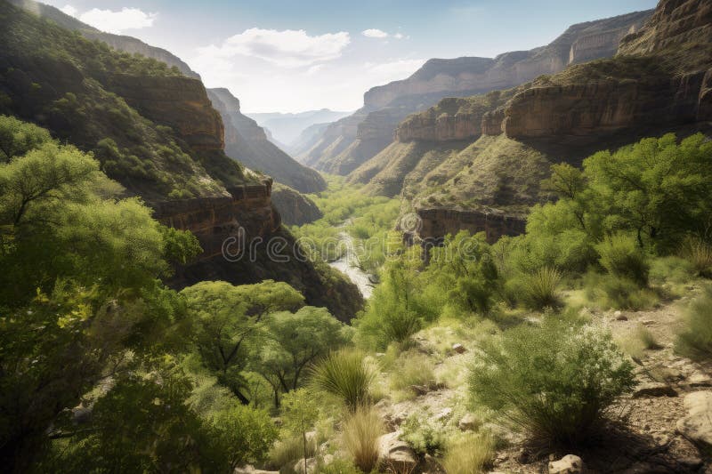 Lush Green Landscape with a Towering Canyon in the Background Stock ...