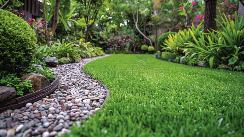 A Lush Green Lawn with a Rock Border and a Path Stock Photo - Image of ...