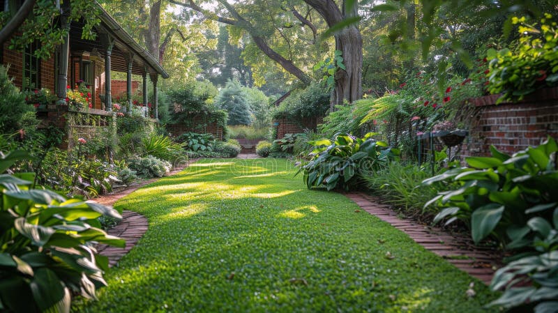 A Lush Green Lawn with a Rock Border and a Path Stock Photo - Image of ...